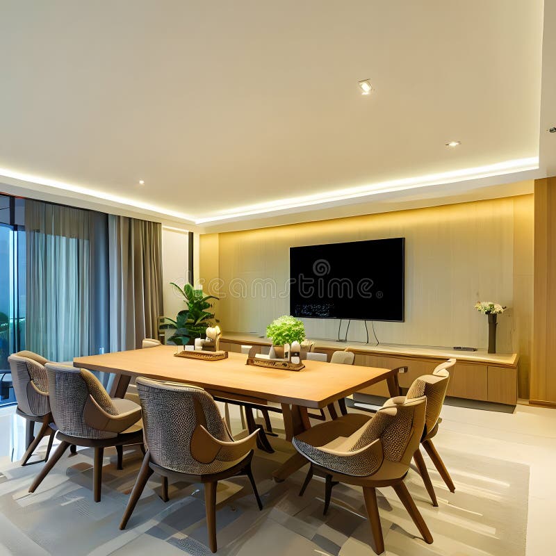 Minimalist Dining Room with Comfortable Chairs, Table,Window, and Soft ...