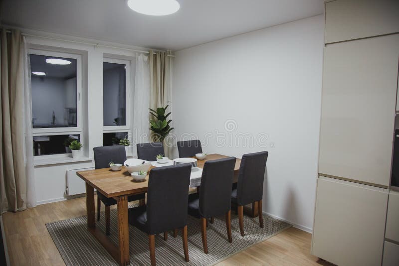 Minimalist Dining Room Interior, Large Table Stock Image - Image of ...