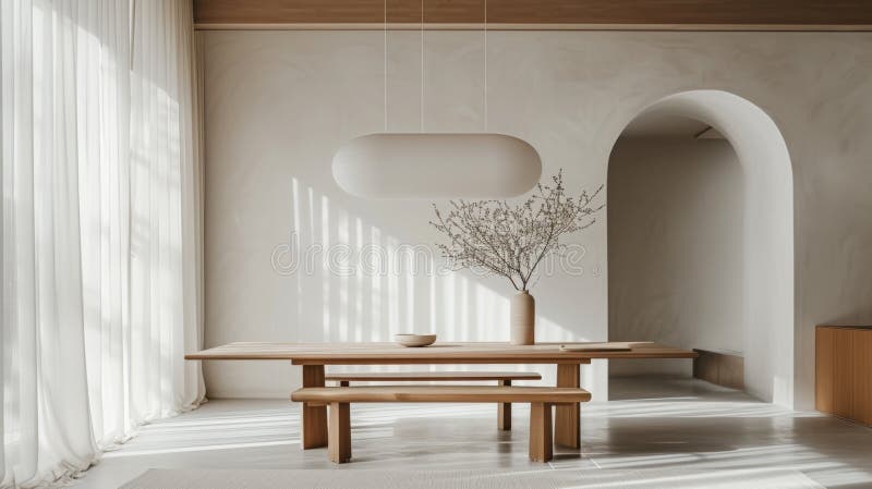 A Minimalist Dining Room with a Simple Wooden Table and Statement ...