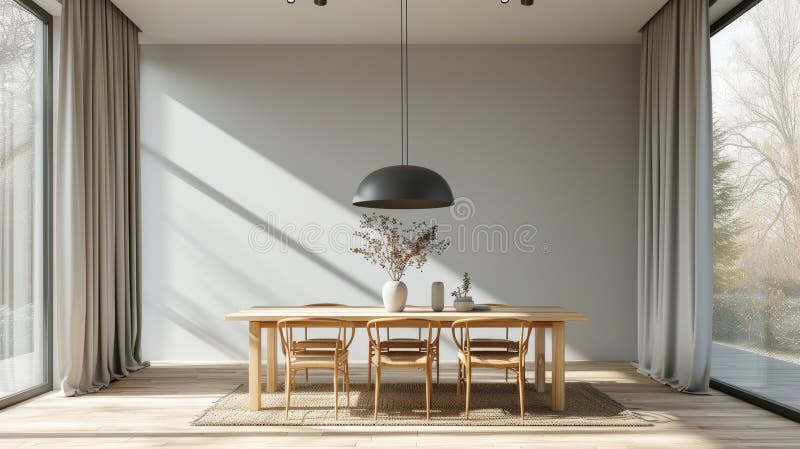 A Minimalist Dining Room with a Simple Wooden Table and Statement ...