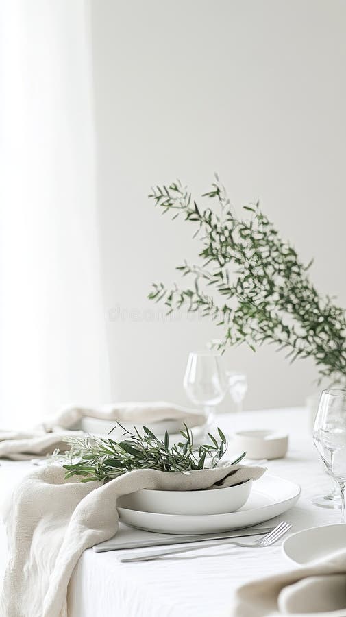 A Minimalist Dining Setup with Clean White Plates, Linen Napkins, and ...