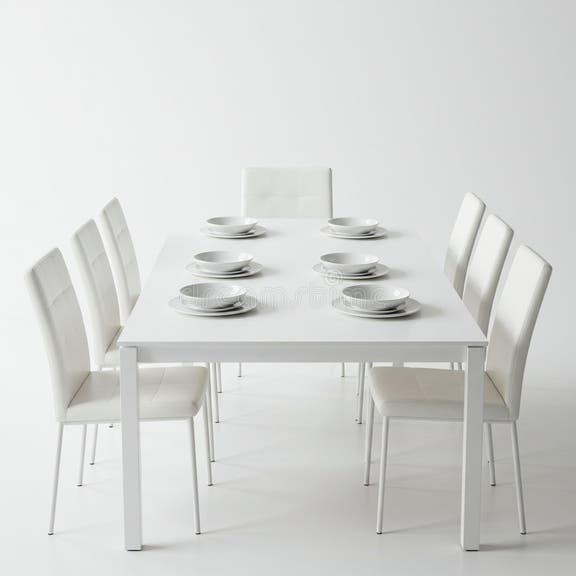 A Minimalist Dining Setup Features a White Rectangular Table Surrounded by Eight Stock ...