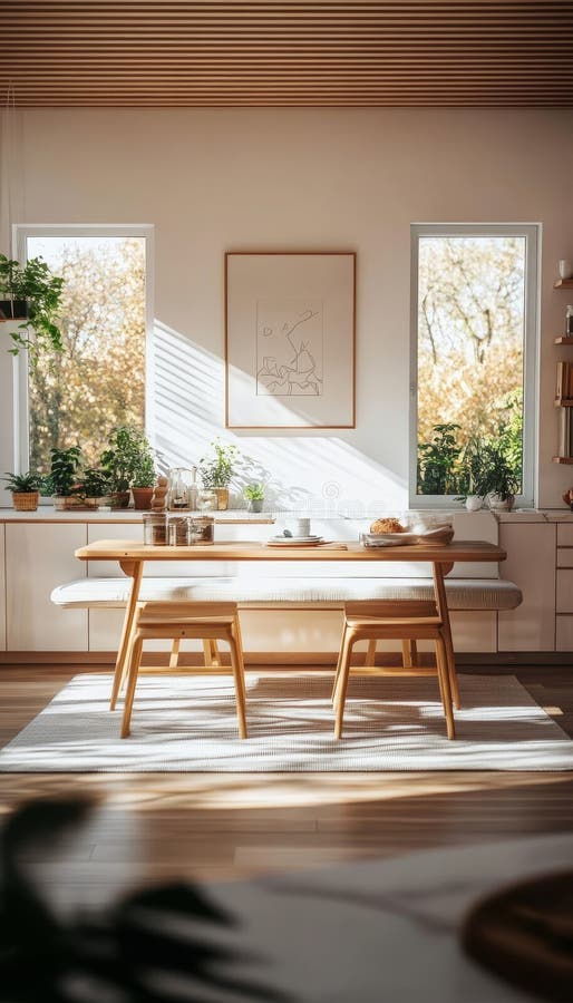 Minimalist Dining Space. Wooden Table, Natural Light. Modern Kitchen ...