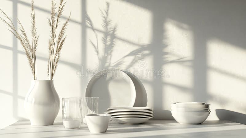 A Minimalist Dining Table Styled with Clean White Dishware and a Vase ...