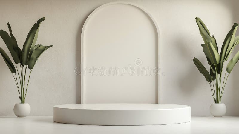 Minimalist Display Area with Curved Backdrop and Potted Plants in a ...