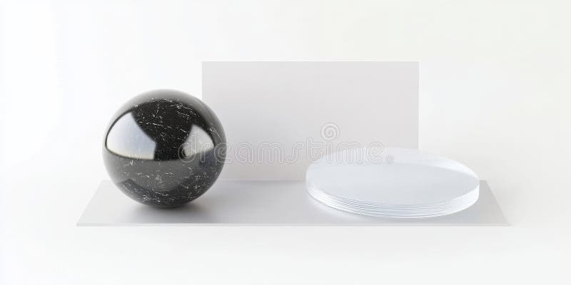 Minimalist Display of Black Marble Sphere and Transparent Glass Disc on ...