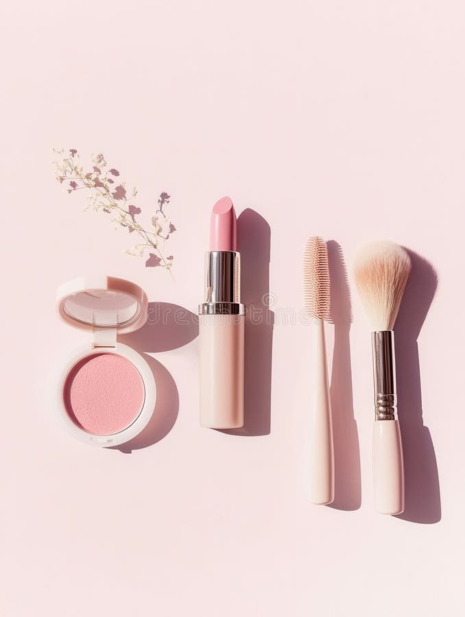 A Minimalist Display Features Essential Cosmetic Products Including ...