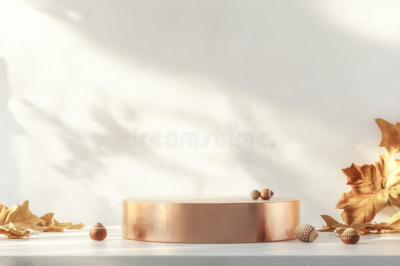 A Minimalist Display Featuring a Copper Platform with Autumn Leaves and ...