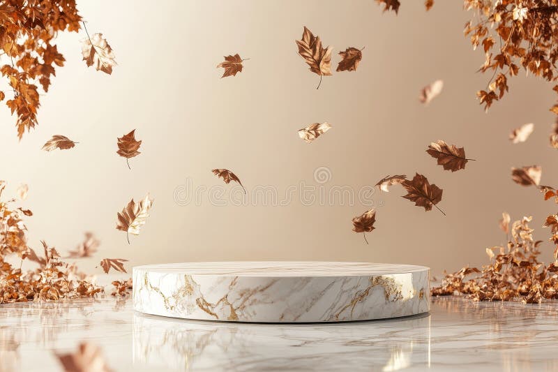 A Minimalist Display Platform Surrounded by Floating Autumn Leaves ...