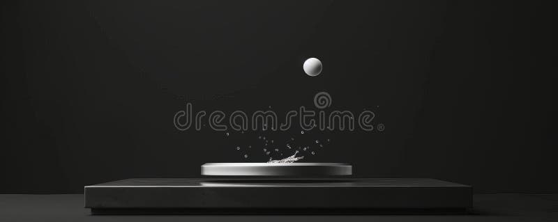 Minimalist Display with a Silver Podium and a Bouncing Ball in a Dark ...