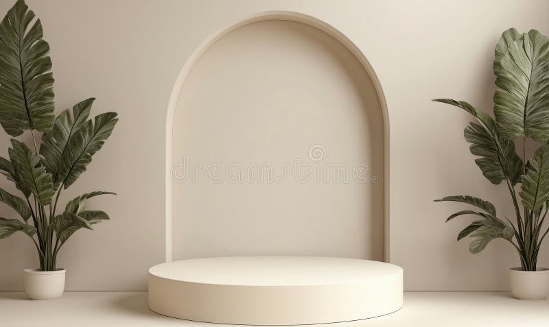 Minimalist Display Stage with Arch and Potted Plants in Neutral Tones ...