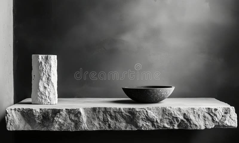 Minimalist Display of Stone Objects, Textured Bowl, and Cylindrical ...