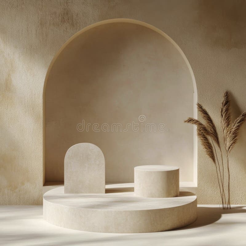 Minimalist Display with Textured Platforms and a Single Dried Plant ...