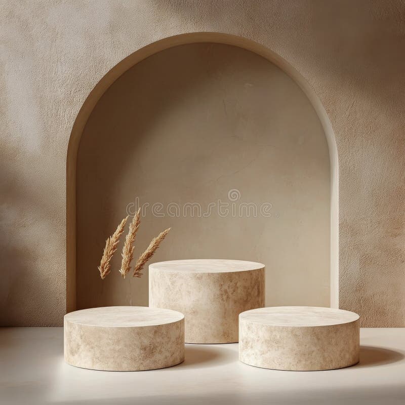 Minimalist Display with Textured Platforms and a Single Dried Plant ...