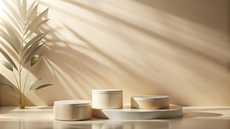 Minimalist Display Three Neutral Cylindrical Platforms with Plant and ...