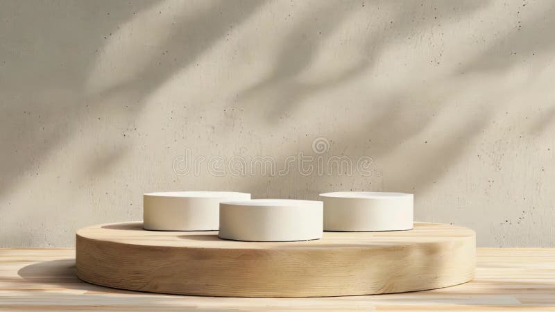 Minimalist Display with White Ceramic Objects on Wooden Platform ...