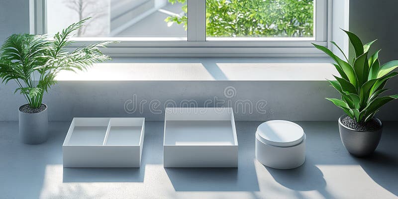 Minimalist Display of White Storage Boxes and Potted Plants in a Bright ...