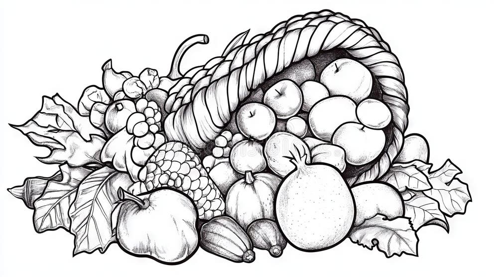 Minimalist Drawing of a Cornucopia Overflowing with Basic Fruits Stock ...