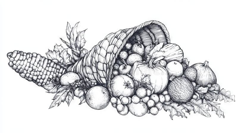 Minimalist Drawing of a Cornucopia Overflowing with Basic Fruits Stock ...