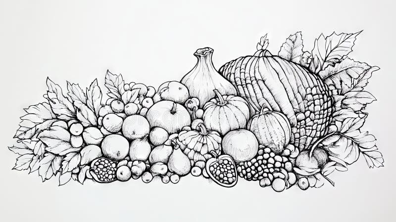 Minimalist Drawing of a Cornucopia Overflowing with Simple Line Stock ...