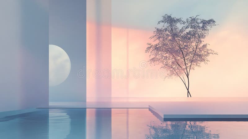 Minimalist Dreamscape with Tree and Reflective Pool in Soft Pastel ...