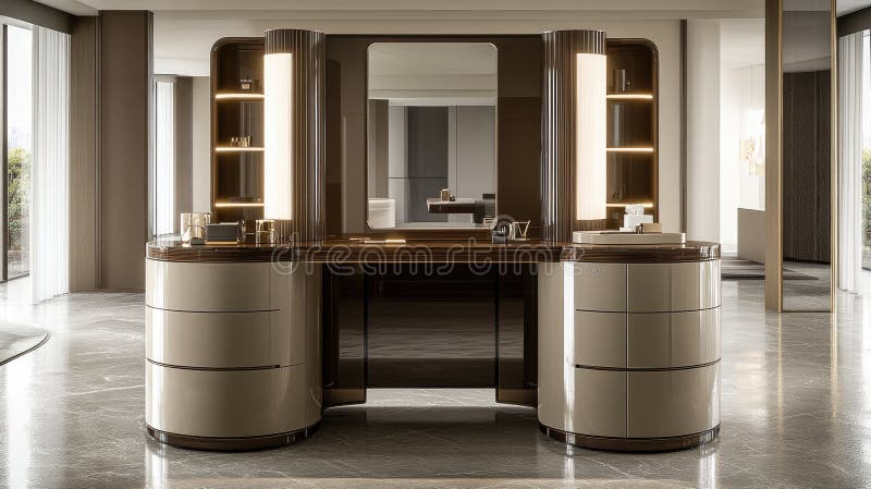 Minimalist Dressing Room Features a Round Mirror with LED Lights Over a ...