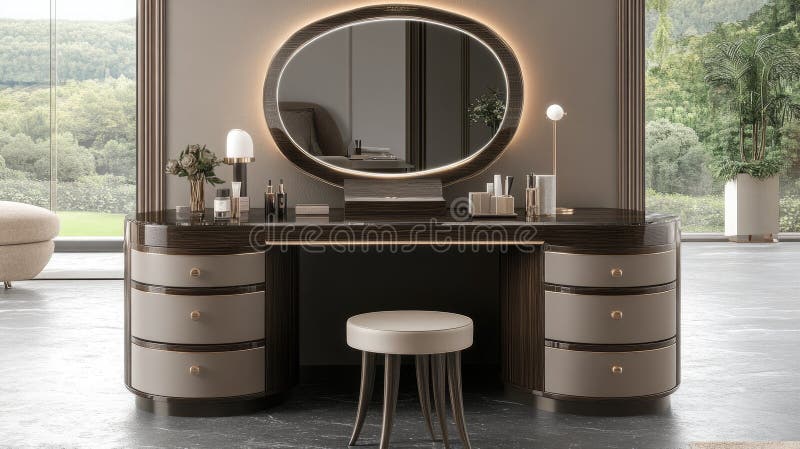 Minimalist Dressing Room Features a Round Mirror with LED Lights Over a ...