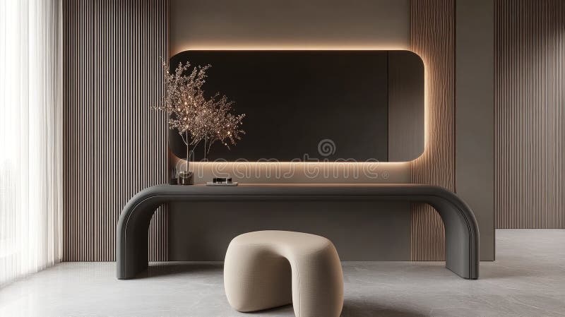 Minimalist Dressing Room Features a Round Mirror with LED Lights Over a ...