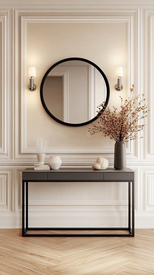 Minimalist Dressing Room Features a Round Mirror with LED Lights Over a ...