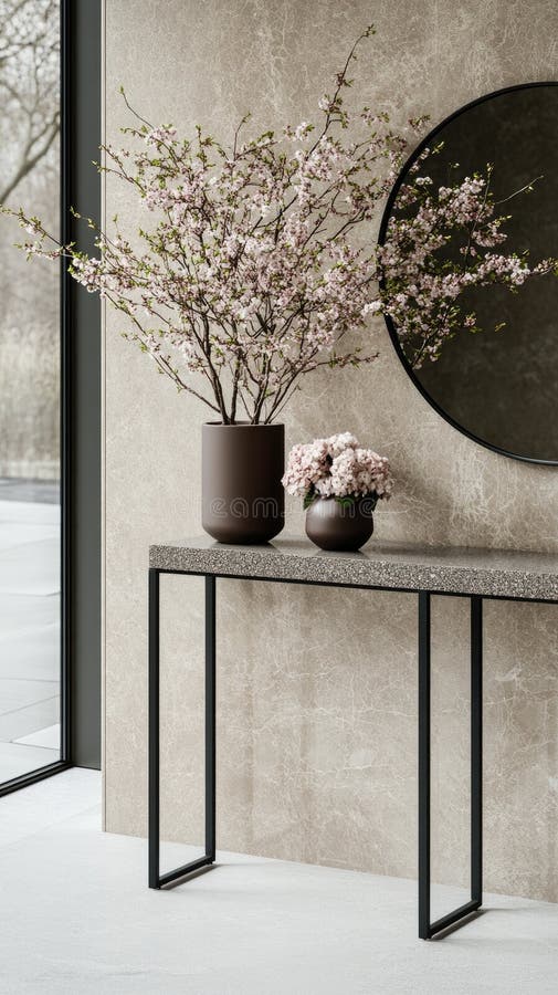 Minimalist Dressing Room Features a Round Mirror with LED Lights Over a ...