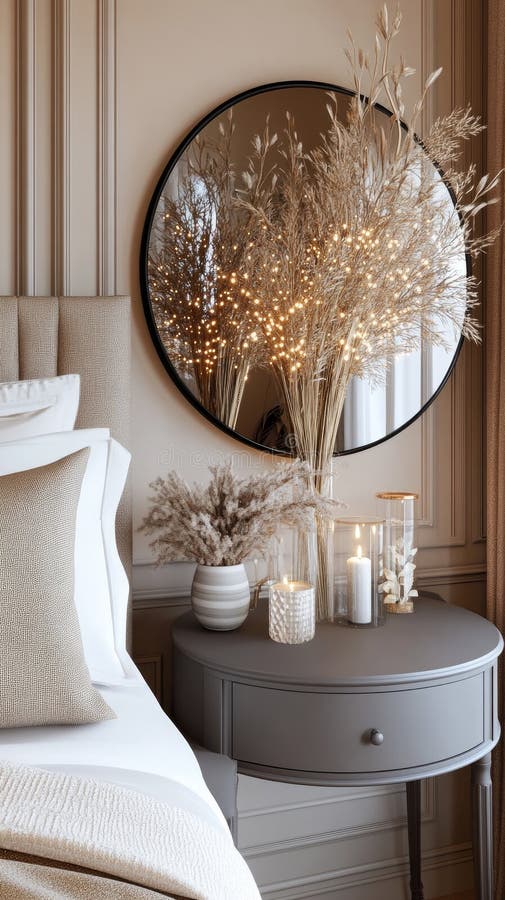 Minimalist Dressing Room Features a Round Mirror with LED Lights Over a ... Minimalist Dressing Room Features a Round Mirror with LED Lights Over a ...