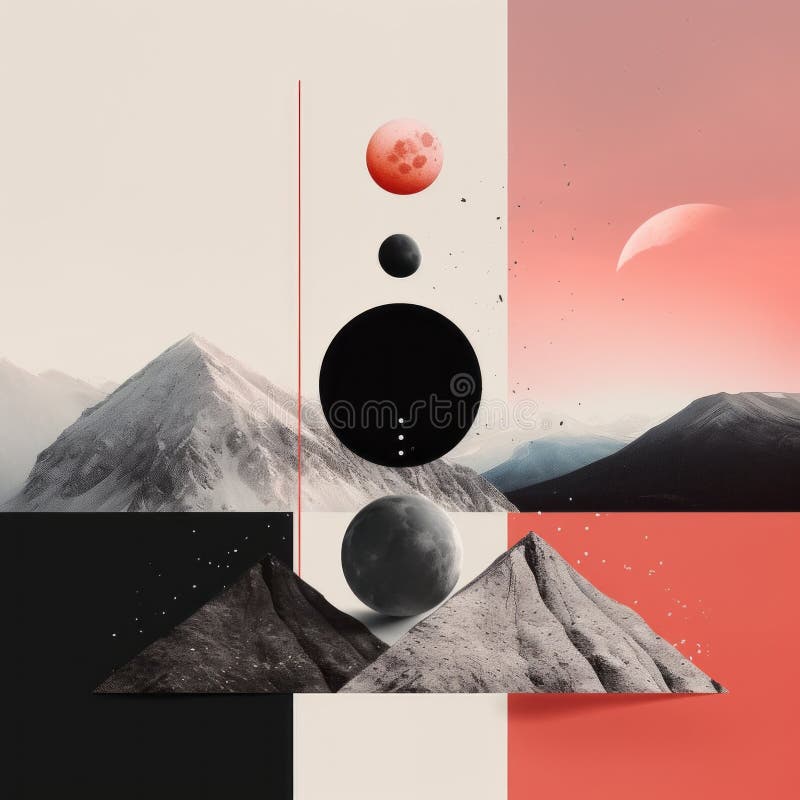 Minimalist Dualism: Abstract Collage with Mountain in Light Red and ...