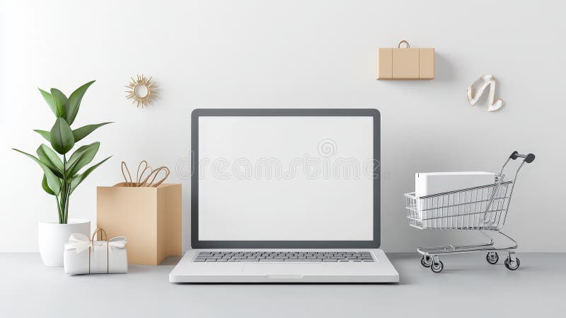 Minimalist E-commerce Setup Featuring Laptop and Shopping Cart on ...
