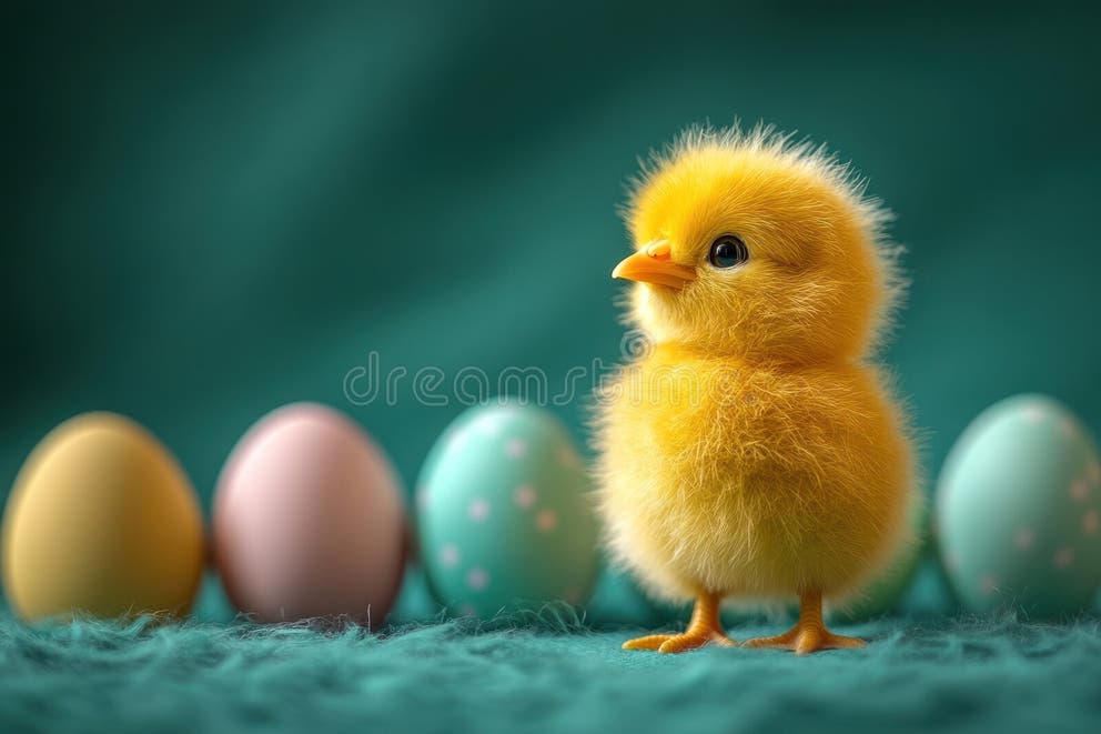 Minimalist Easter Egg and Chibi Chick Lineup on Green Background Stock ...