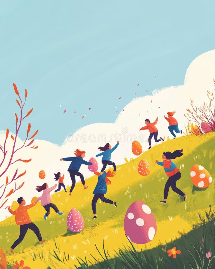 Minimalist Easter Egg Rolling Contest Illustration on Grassy Hill Stock ...