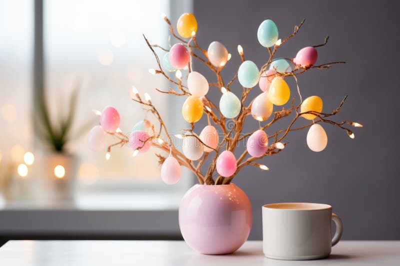 Minimalist Easter Egg Tree Illuminated by Soft Pastel String Lights ...