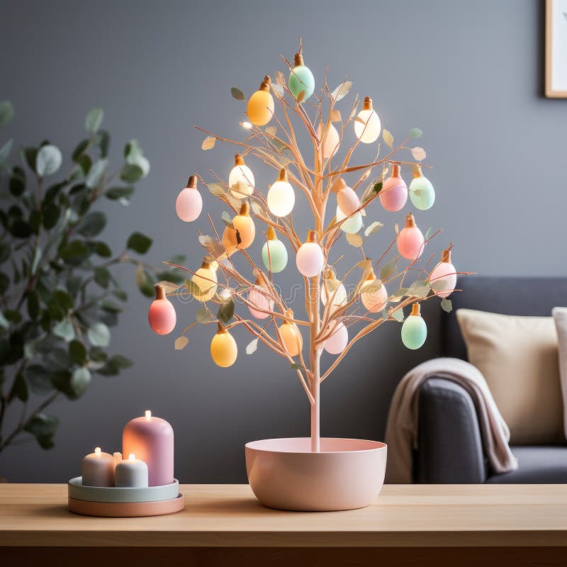 Minimalist Easter Egg Tree Illuminated by Soft Pastel String Lights ...