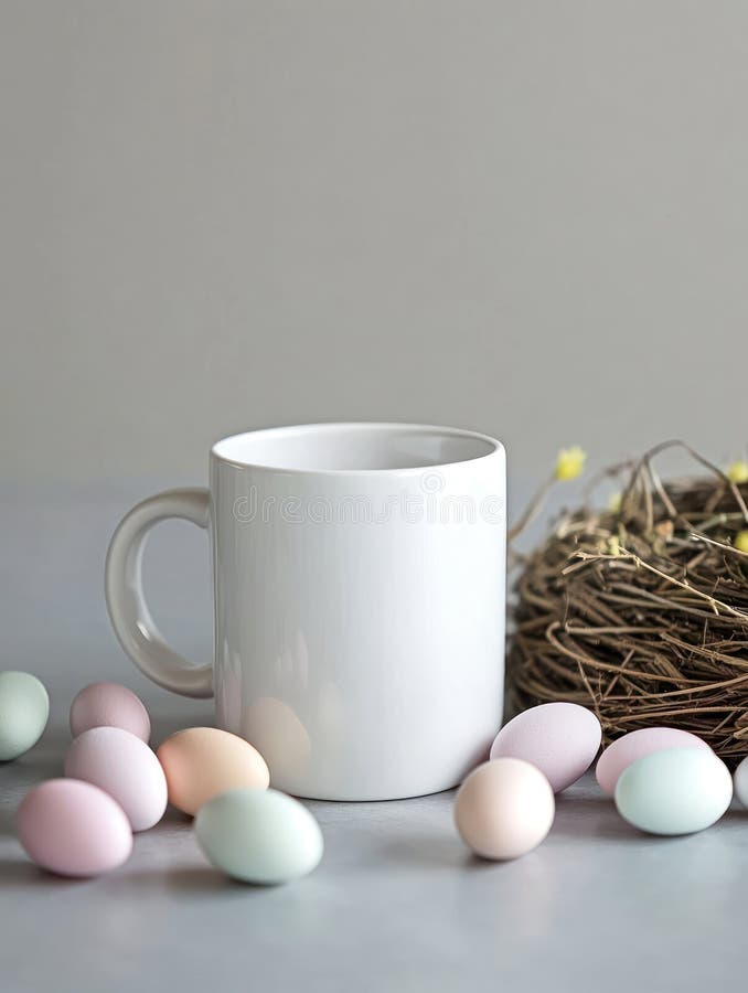Minimalist Easter Mockup with Blank White Ceramic Mug and Pastel Eggs ...