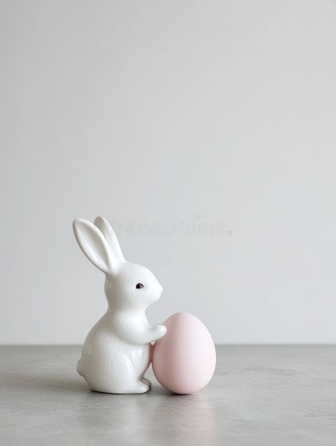 Minimalist Easter Theme with White Ceramic Bunny and Pastel Pink Egg on ...