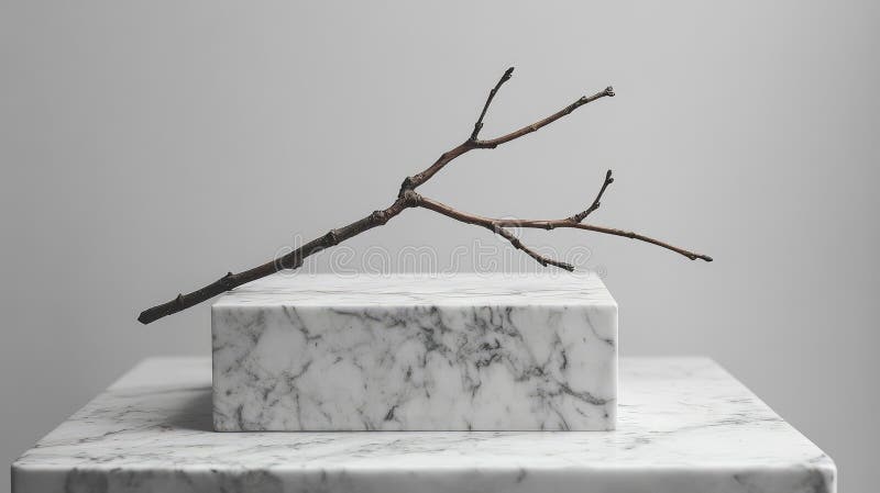 Minimalist Elegance: Grey Branch in White Marble Cube Studio Shot ...