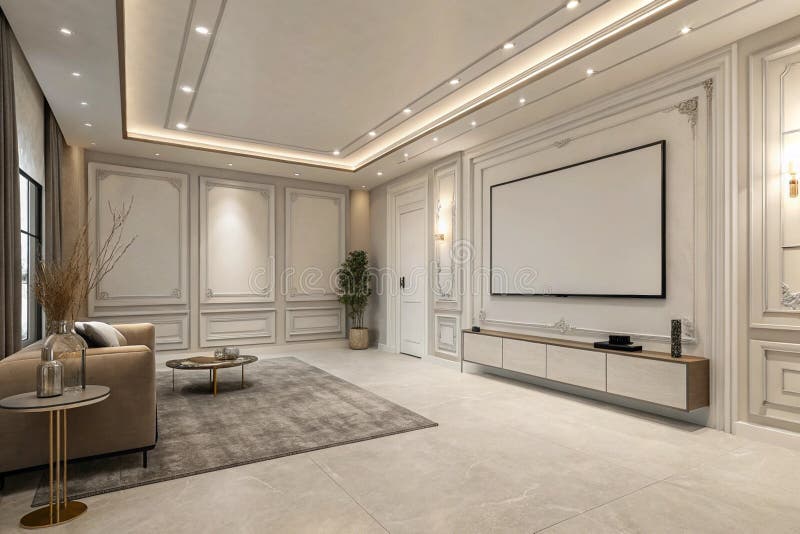 Minimalist Empty Interior with Blank Wall 3D Render Stock Illustration ...