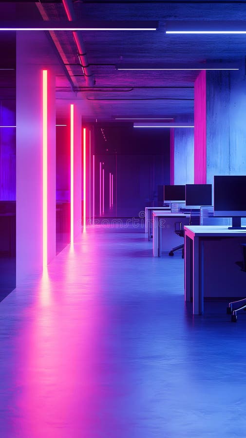 A Minimalist Empty Office Featuring High-tech Computers and Neon ...