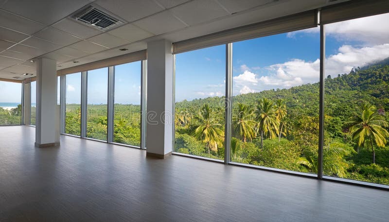 Minimalist Empty Office Interior and Panoramic Window on Tropics Stock ...