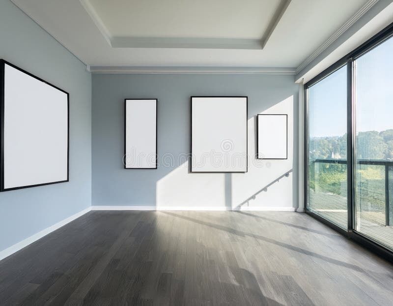 Empty Room with Framed Blank Posters on Wall Stock Illustration ...