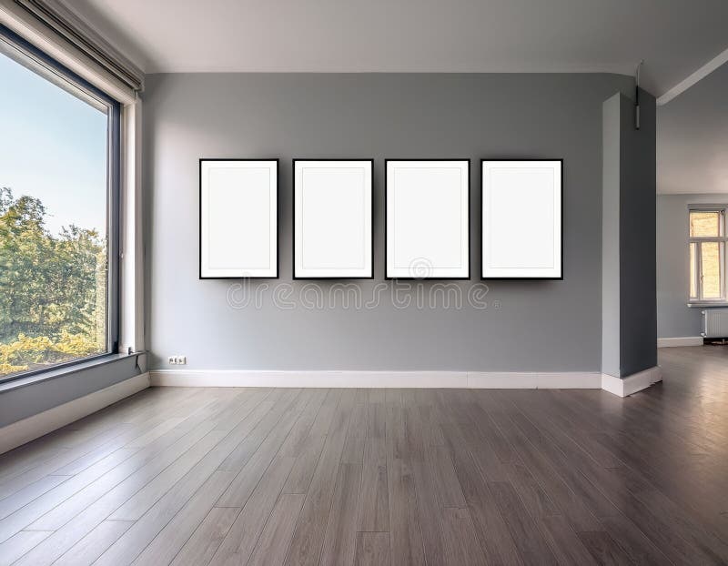 Empty Room with Framed Blank Posters on Wall Stock Illustration ...