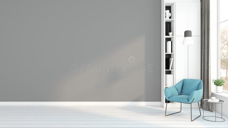 Minimalist Empty Room with Gray Wall and Bookshelf , Armchair and Side ...