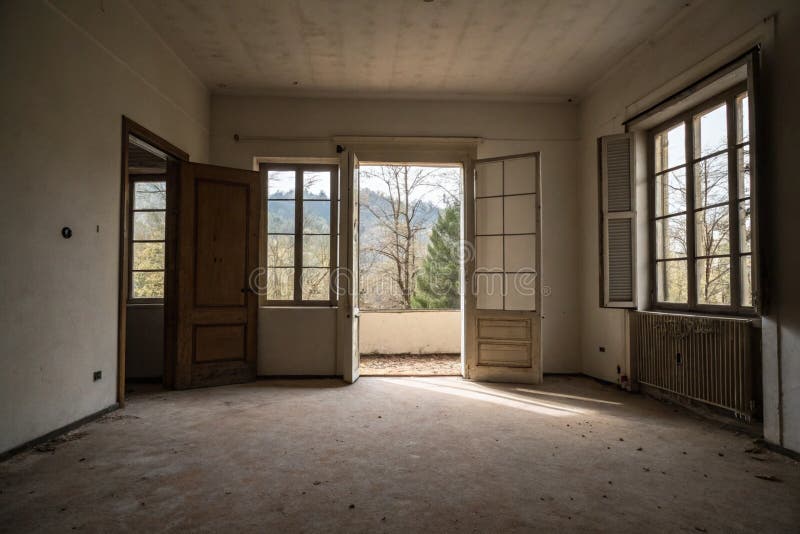 Empty Interior Room with Open Door and Closed Windows Stock ...