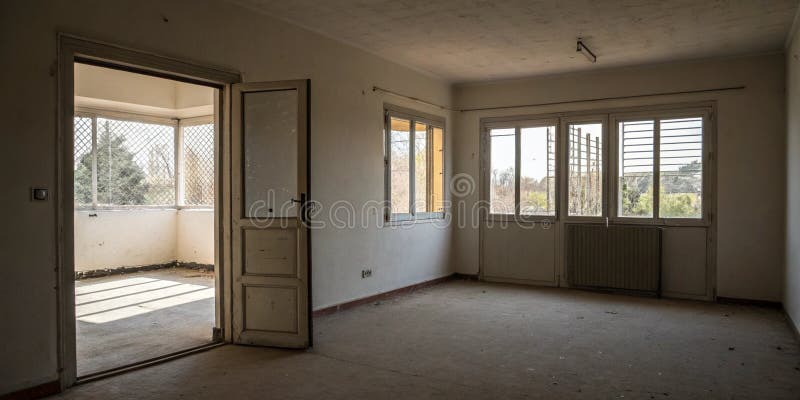 Empty Interior Room with Open Door and Closed Windows Stock ...