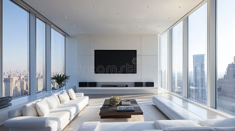 A Minimalist Entertainment Center Featuring a Wall-mounted Screen and ...