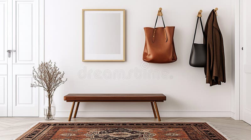 Minimalist Entryway with Bench, Bags, Coat, and Rug Stock Image - Image ...